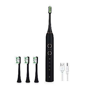 north lover Smart Sonic Rechargeable Electric Toothbrush with 4 Replacements (Black)