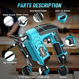 Seesii Cordless Jig Saw, 12V Jigsaw with 2 Lithium Batteries, Charger, and 10PCS Blades, ±45° Bevel Cuts, Variable Speed for Straight, Curve, and Bevel Cutting