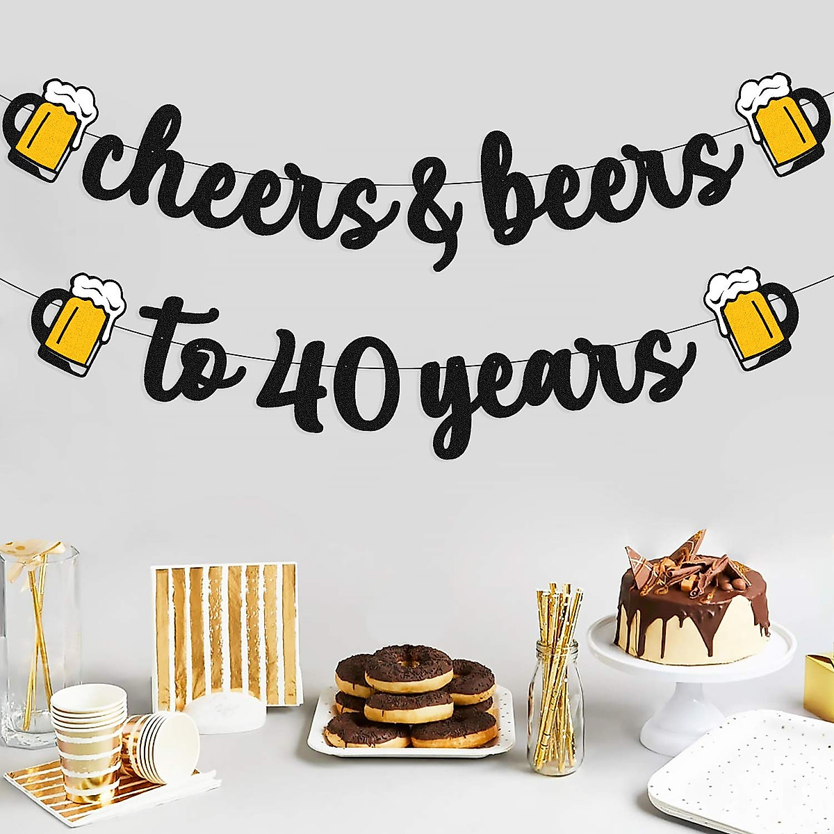 40 Birthday Banner Cheers to 40 Years Decorations for Men Women Him Her Happy Forty Birthday Anniversary Party Supplies Black Glitter PRESTRUNG