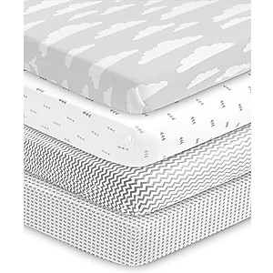 BaeBae Goods Premium Crib Sheets for Baby Boys and Girls, 4 Pack, Soft and Breathable Jersey Knit Fitted Sheet Set, Grey and White, Cute Gender Neutral Nursery Mattress Bedding, Universal Fit