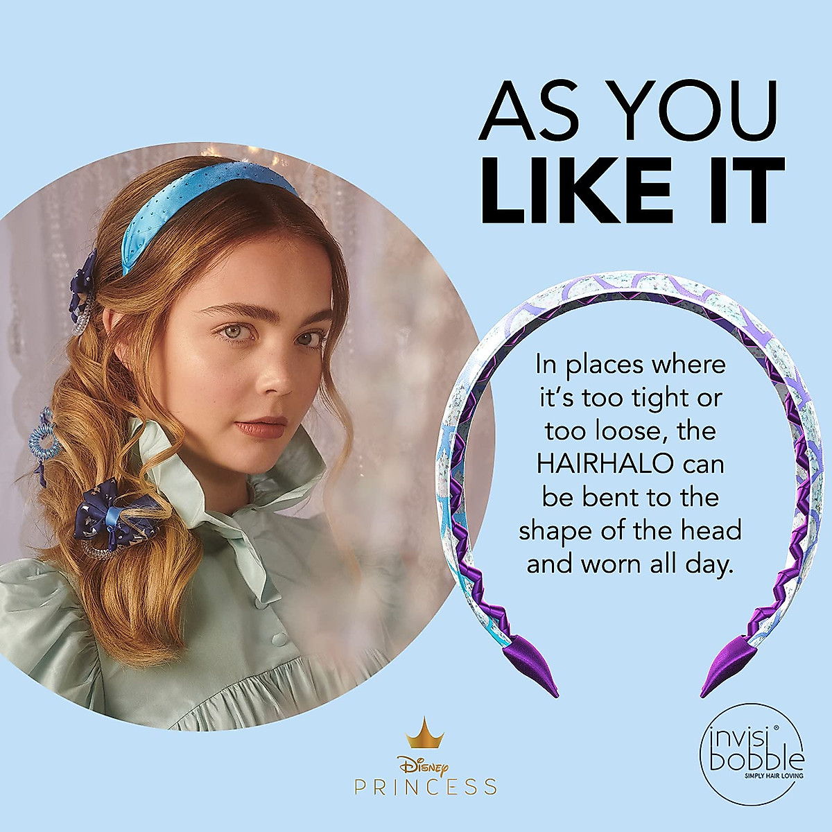 invisibobble HairHalo The Adjustable Headband – Disney Princess Ariel - Hairbands Made for Everyone - Individually Adapted to the Shape of the Head and Worn All Day with No Pain or Uncomfortable
