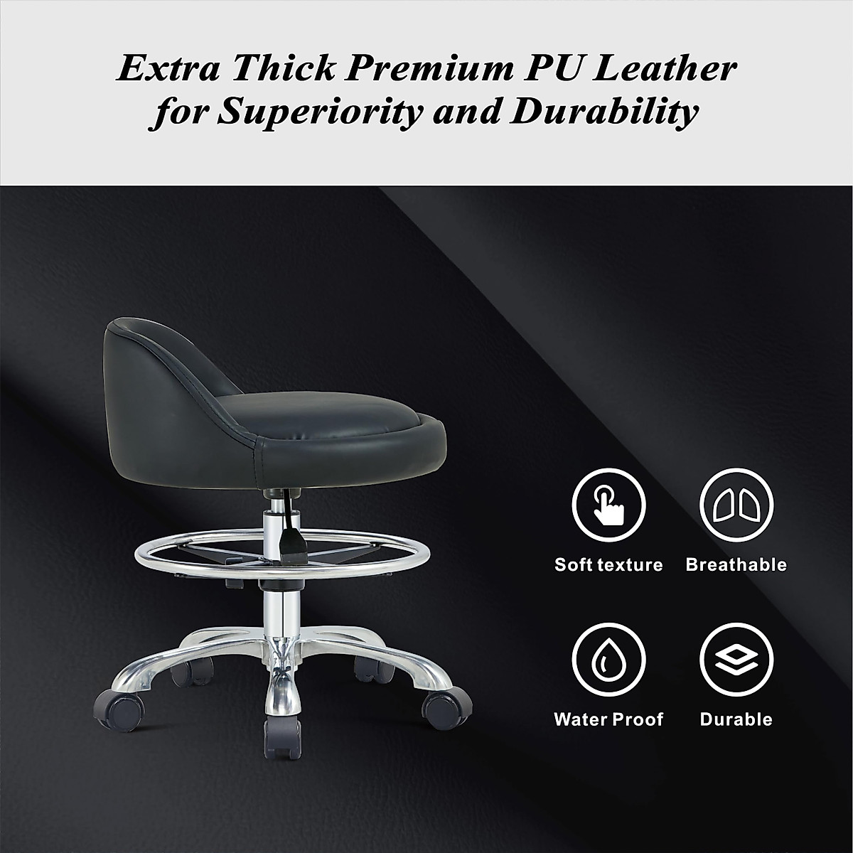 Kastele Height Adjustable Rolling Desk Stool Swivel Chair with Backrest and Casters Heavy Duty for Salon, Spa, Massage,Tattoo,Esthetician,Shop,Kitchen (Backrest with Casters, Black)