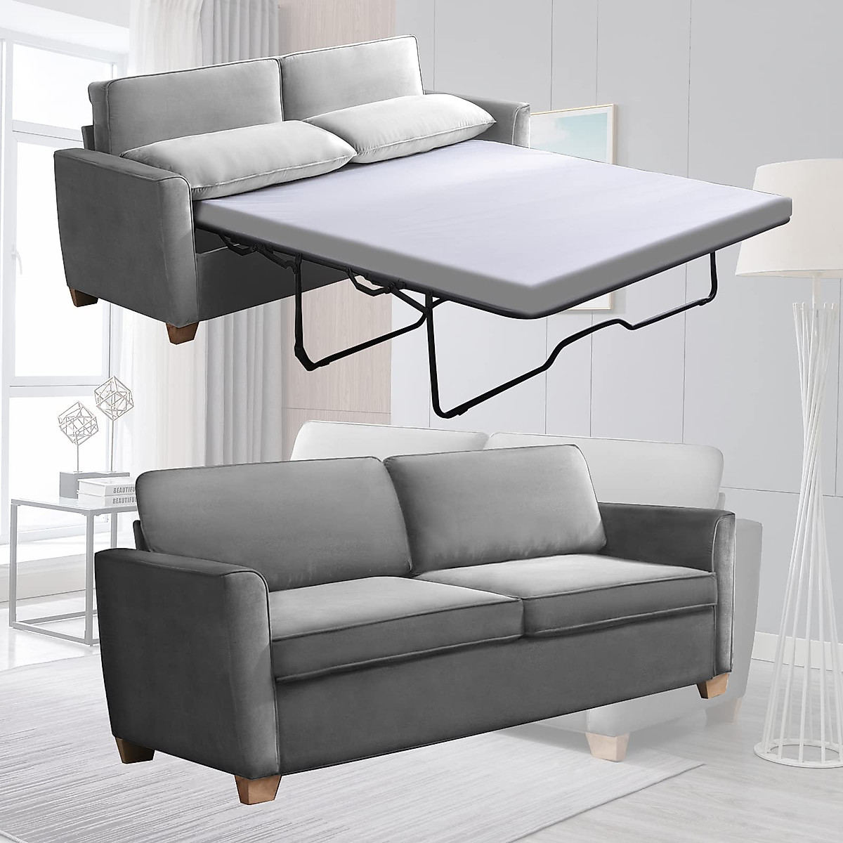Mjkone 77" W Pull Out Sofa Bed, 2-in-1 Queen Size Loveseat Sleeper Sofa Bed with Mattress, Convertible Velvet Futon Folding Sleeper Couch Bed for Living Room, Apartment (Light Grey, Queen)