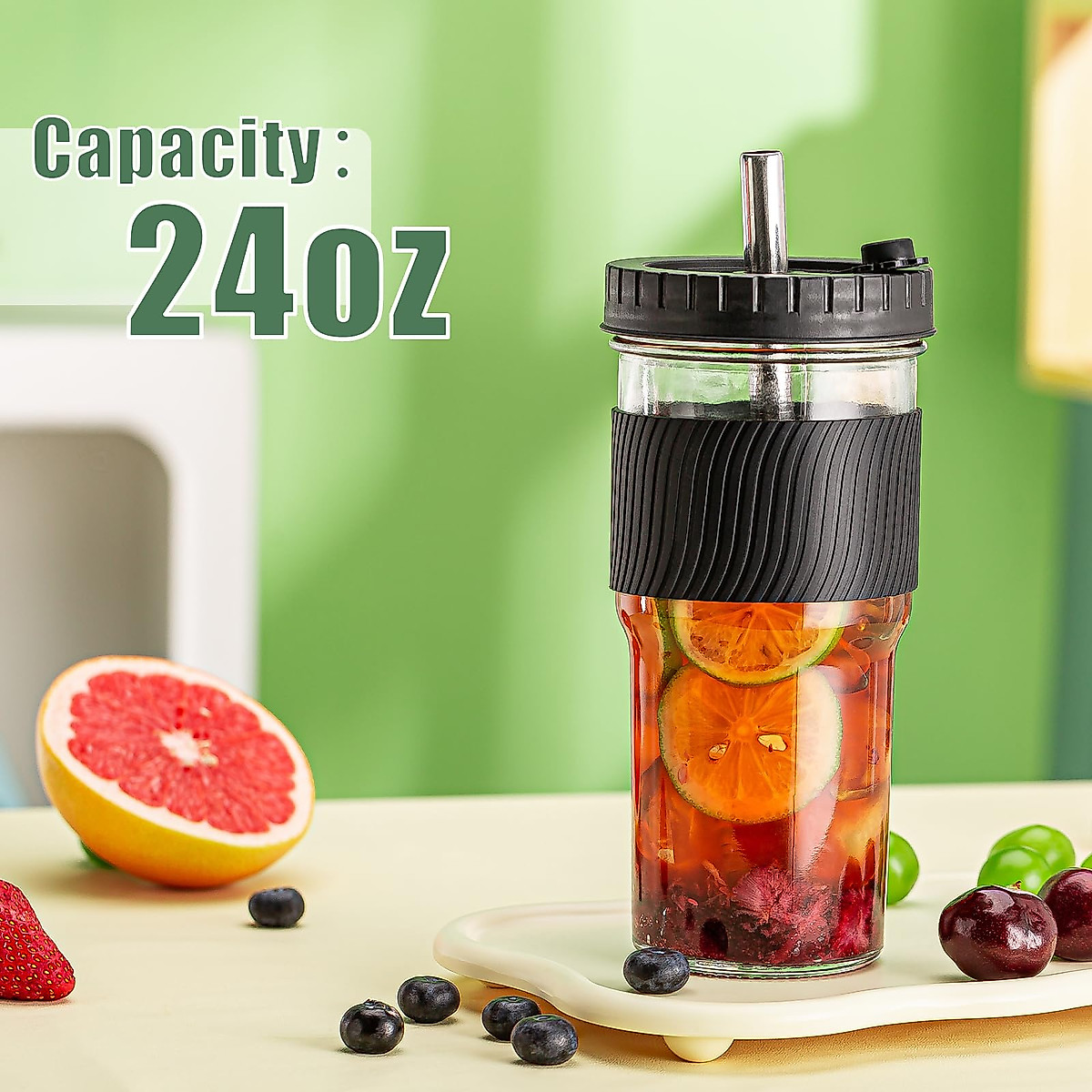 Claplante 6 Pack Glass Tumbler Set, 24oz Bubble Tea Cups with Lid, Silicone Sleeve & Wide Straws, Reusable Leakproof Mason Jar Drinking Glasses for Smoothie, Iced Coffee