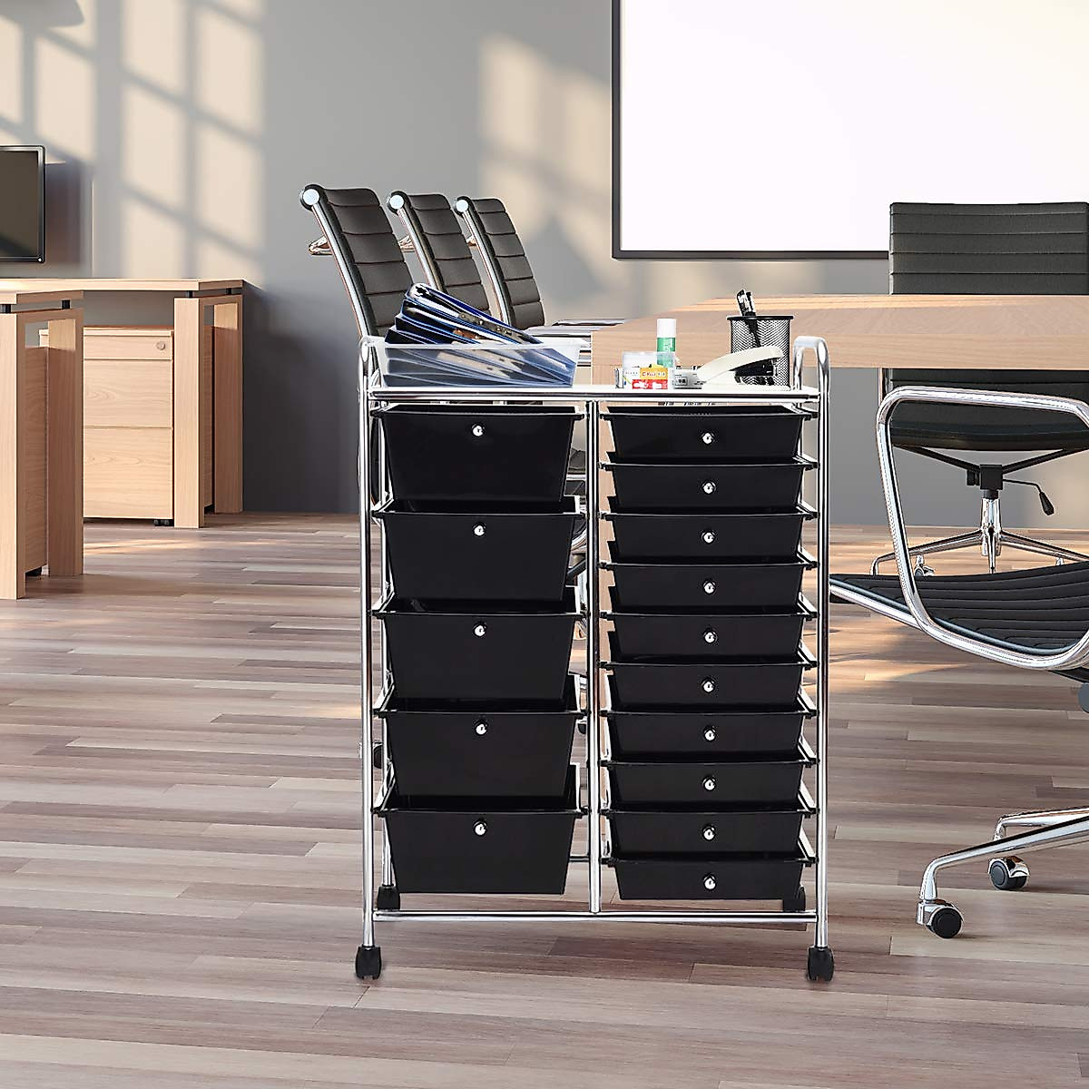 RELAX4LIFE Storage Drawer Carts W/15-Drawer,Rolling Wheels Semi-Transparent Multipurpose Mobile Rolling Utility Cart for School, Office, Home, Beauty Salon Storage Organizer Cart (Black)