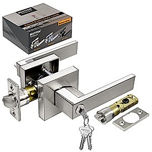 BESTTEN Satin Nickel Entry Door Lever, Heavy Duty Square Entrance Door Handle, Exterior Door Lock for Front Door