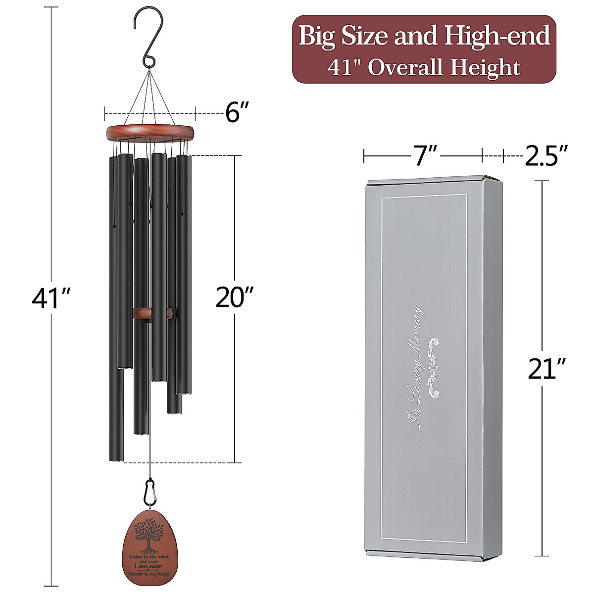 Sympathy Wind Chimes Outdoor Deep Tone,41 inch Large Memorial Wind Chimes for Loss of Loved One,Ideal Memorial Gift/Bereavement Gift/Sympathy Gift for Condolence and Funeral (Black)