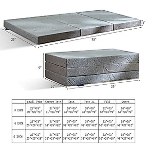 IYEE NATURE Tri Folding Mattress, 3 inch Small Twin Folding Memory Form Mattress Topper with Washable Cover, Fodable Mattress for Camping, Guest, Yoga - 75"x25"x3"