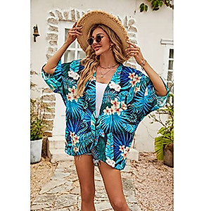 Women Chiffon Kimono Cardigans Tropical Tops Hawaiian Shirts Summer Beach Sheer 3/4 Sleeve Leaf Print (Black, M)