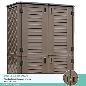 KINYING Outdoor Storage Shed Waterproof, Resin Vertical Outdoor Storage Cabinet for Patio Furniture, Garden Tools, Pool Accessories, Mower Storage (66 Cu.ft, Dark Brown)