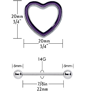Body Candy 14G Nipple Piercing Jewelry Stainless Steel 2Pc Purple Heart Glow Barbell Nipple Shield 3/4"