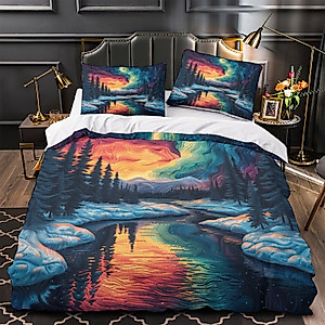 ERGTT Winter Snow Scene Quilt Cover 3D Print Aurora for Teens and Adults Duvet Cover Comforter Covers Soft Microfiber Bedding Set with Zipper Closure with Pillow Cases 3 Pieces Twin（173x218cm）
