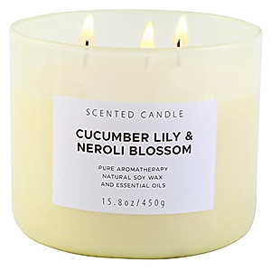 Cucumber, Lily of The Valley & Neroli Blossom Luxury 3-Wick Candle | Large Scented Candles for Home 15.8 oz | Relaxing Aromatherapy Stress Relief Candles | Natural Soy Candles for Women & Men
