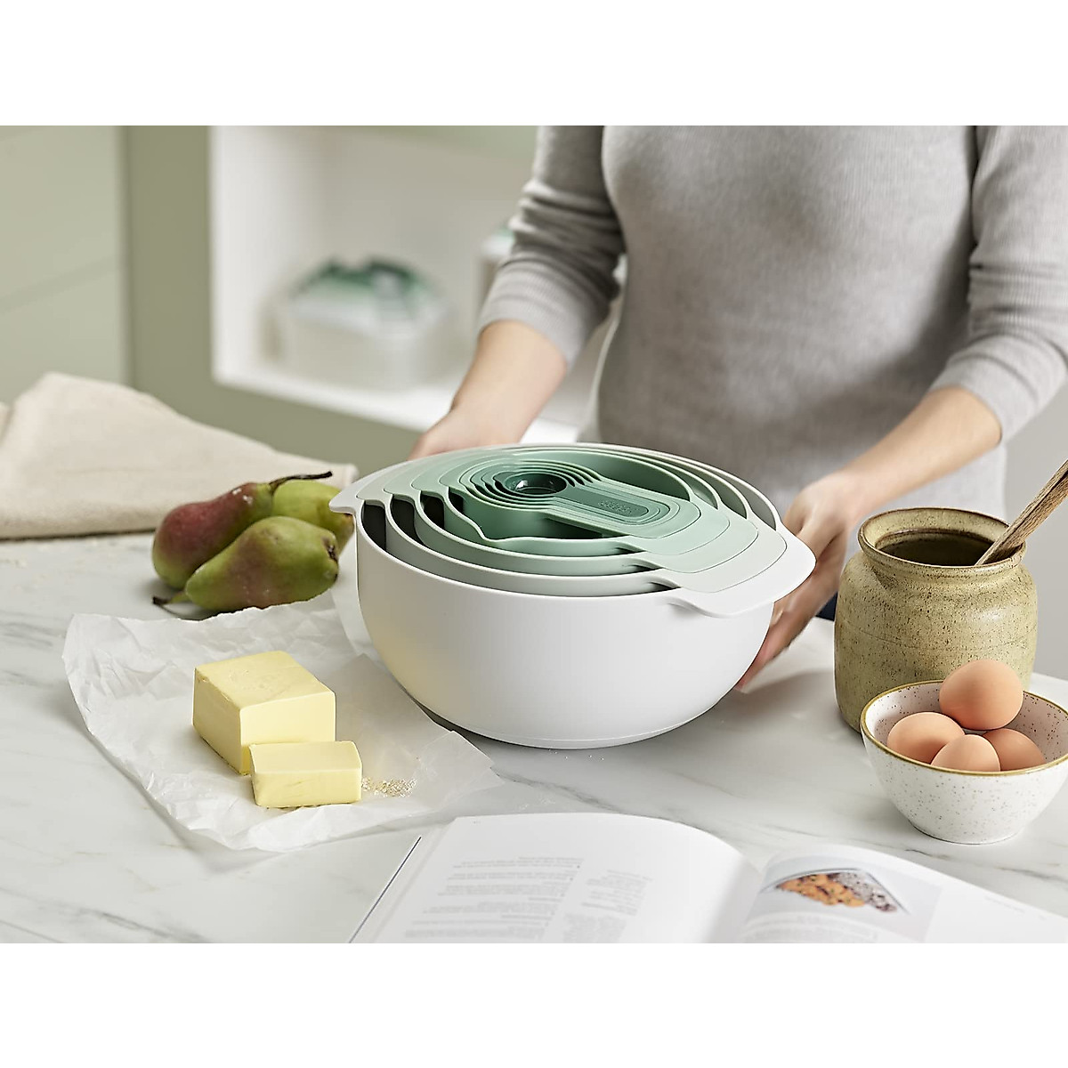 Joseph Joseph Nest 9 Plus, 9 Piece Compact Food Preparation Set with Mixing Bowls, Measuring cups, Sieve and Colander, Editions Range, Polypropylene, Stainless steel, Sage Green