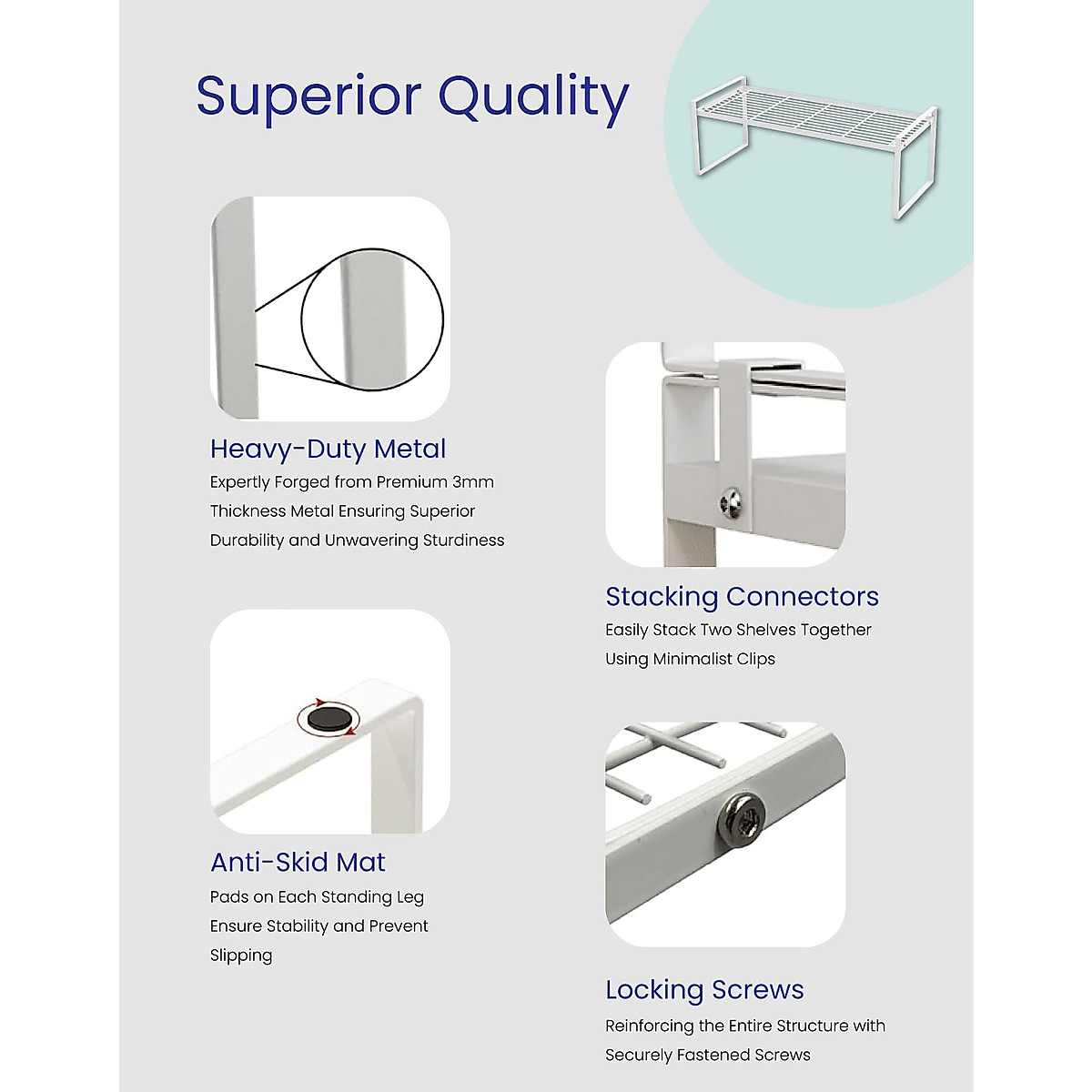 Countertop Organizer and Storage Shelf Rack for Kitchen, Cabinet, Pantry, Office and Bathroom. Rust Resistant and Non Slip (White, L20 W8.25 H9.5)