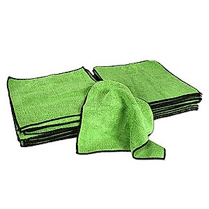 Eurow Microfiber Cleaning Towels, 350GSM, Green with Black Trim, 12 by 12 Inches, Pack of 50