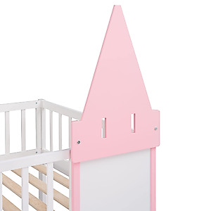 MERITLINE Kids Low Bunk Bed Twin Over Twin, Wooden Castle Shape Loft Bunk Bed Frame for Kids, Toddler Bunk Beds with Safety Rail and Ladder, Floor Bunk Bed for Boys Girls Bedroom Dorm (Pink)