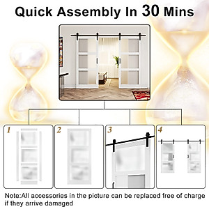 ARKHJEM Double Sliding Barn Door,60in(Double 30”×84in Frosted 3 Panel Glass Barn Door,Water-Proof PVC Surface,Hardware Kit Included, Assembly Needed,White