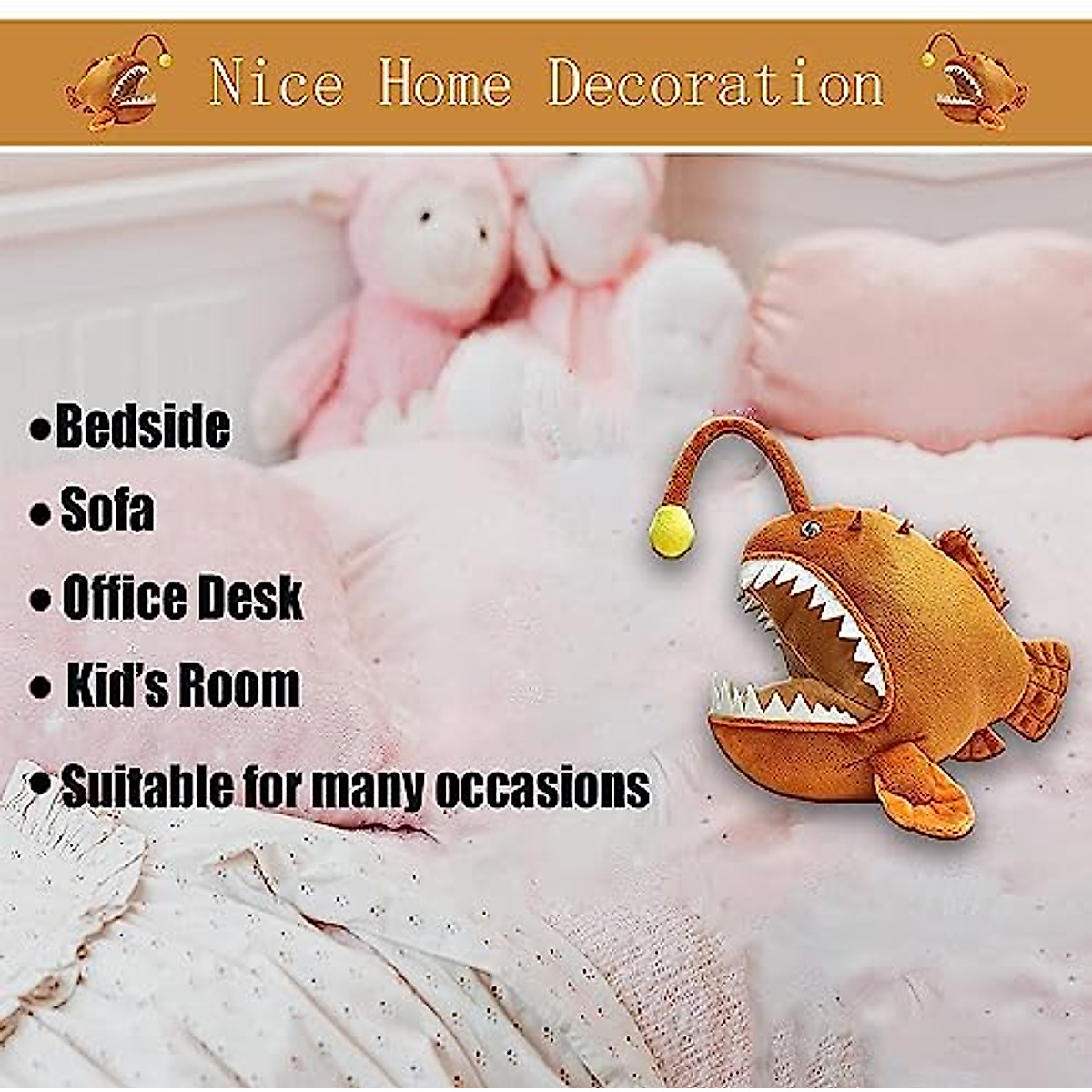 Anglerfish Plush Toy - Cute 12" Brown Anglerfish Creepy Stuffed Animals Toys Real Sea Life Goosefish Lanternfish Plushie,Gift Toys for Kids Birthday Christmas Halloween,Home Decor