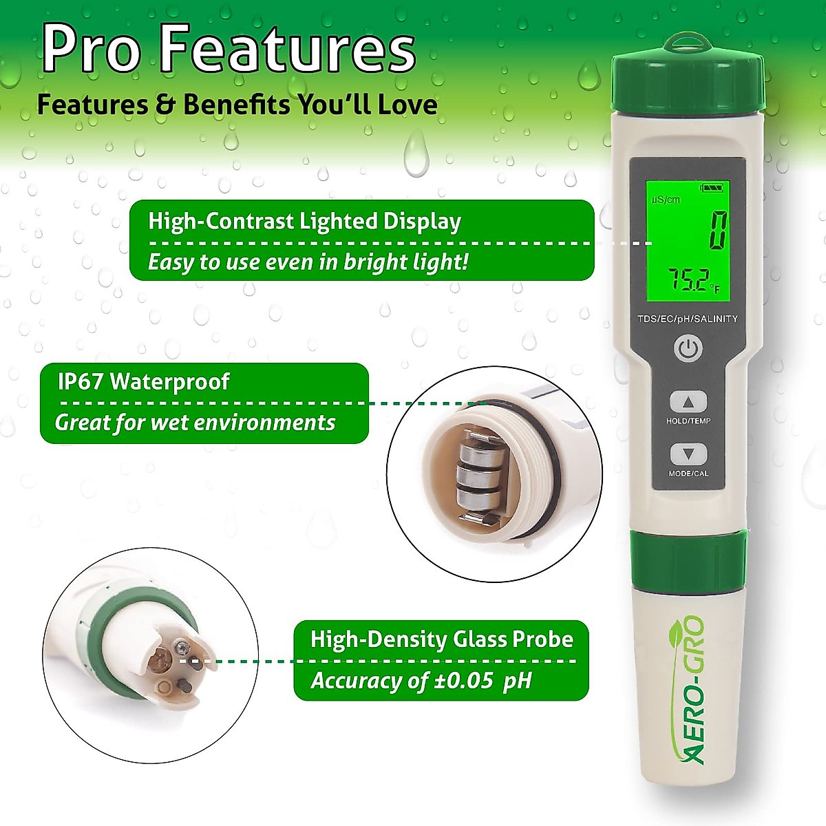 AERO-GRO Digital 5-in-1 Meter: 5 Functions: pH, TDS, EC, Salinity%, Salinity ppm, and Temp, IP67 Waterproof, Pen-Type Tester for Hydroponics, Water, Wine, Spas, Aquariums