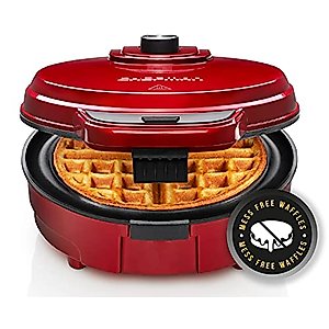 Chefman Anti-Overflow Belgian Waffle Maker w/Shade Selector, Temperature Control Mess Free Moat, Round Iron w/Nonstick Plates & Cool Touch Handle, Measuring Cup Included, Red