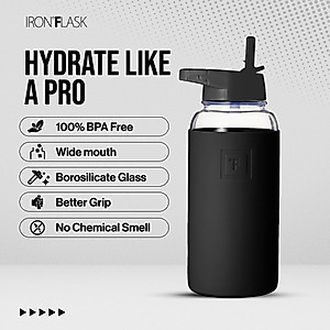 IRON °FLASK Glass Sports Water Bottle - Straw Lid, Airtight Leak Proof, Vacuum Insulated, Bosilicate Glass, Silicone Sleeve, Retains Temperature - Midnight Black, 32 Oz