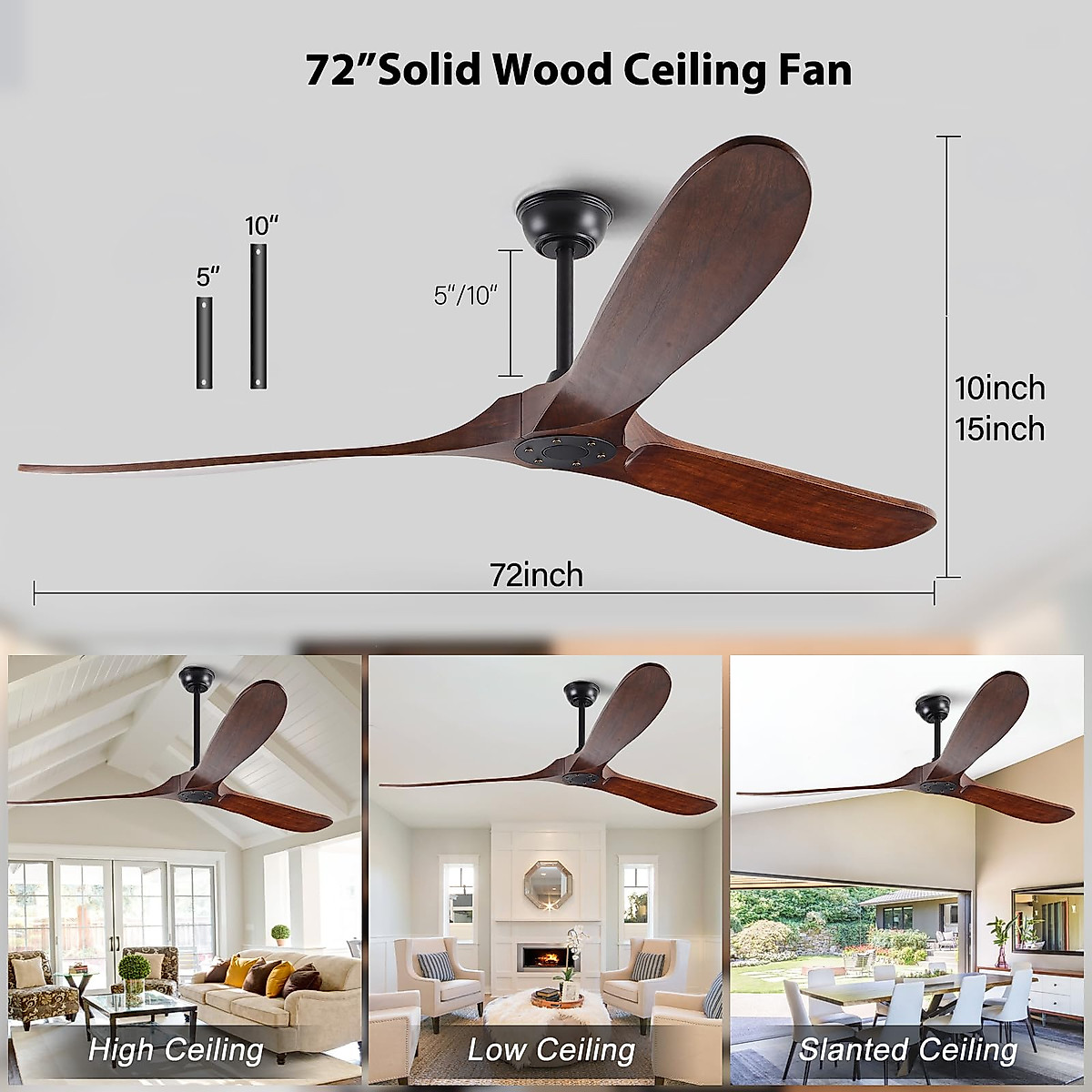 FISHMIX Large 72" Ceiling Fans without Lights, Solid Wood Ceiling Fan No Light with Remote Control Smart Indoor Outdoor Ceiling Fans for Patios, Living Room, Bedroom, Farmhouse Deep Walnut