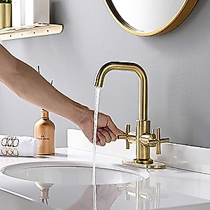 Phiestina Brushed Gold 2-Handle 4 Inch Centerset Bathroom Faucet with Drain,Deck Plate and Supply Hoses, Fit for 1 or 3 Hole, SGF002-10-BG