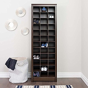 Prepac Space-Saving 36 Pair Shoe Storage Cabinet With Cubbies, 13"D x 23.5"W x 72.5"H, Espresso