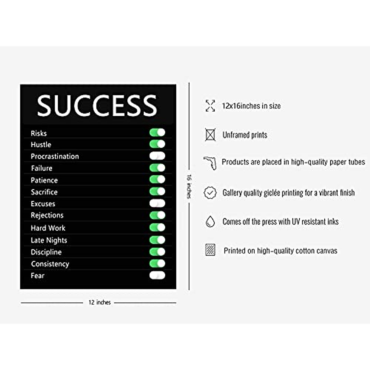 Success patient consistency hard work risk inspirational poster inspiring wall art self motivating black canvas decorative front quotes encouraging gift entrepreneur wall art office classroom living room 12 "x16" x1 unframed