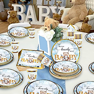 Teddy Bear Baby Shower Plates Napkins Tableware - We Can Bearly Wait Party Decorations Blue Teddy Bear Disposable Paper Plates Napkins Cups for Boy Girl Baby Shower Birthday Party Supplies
