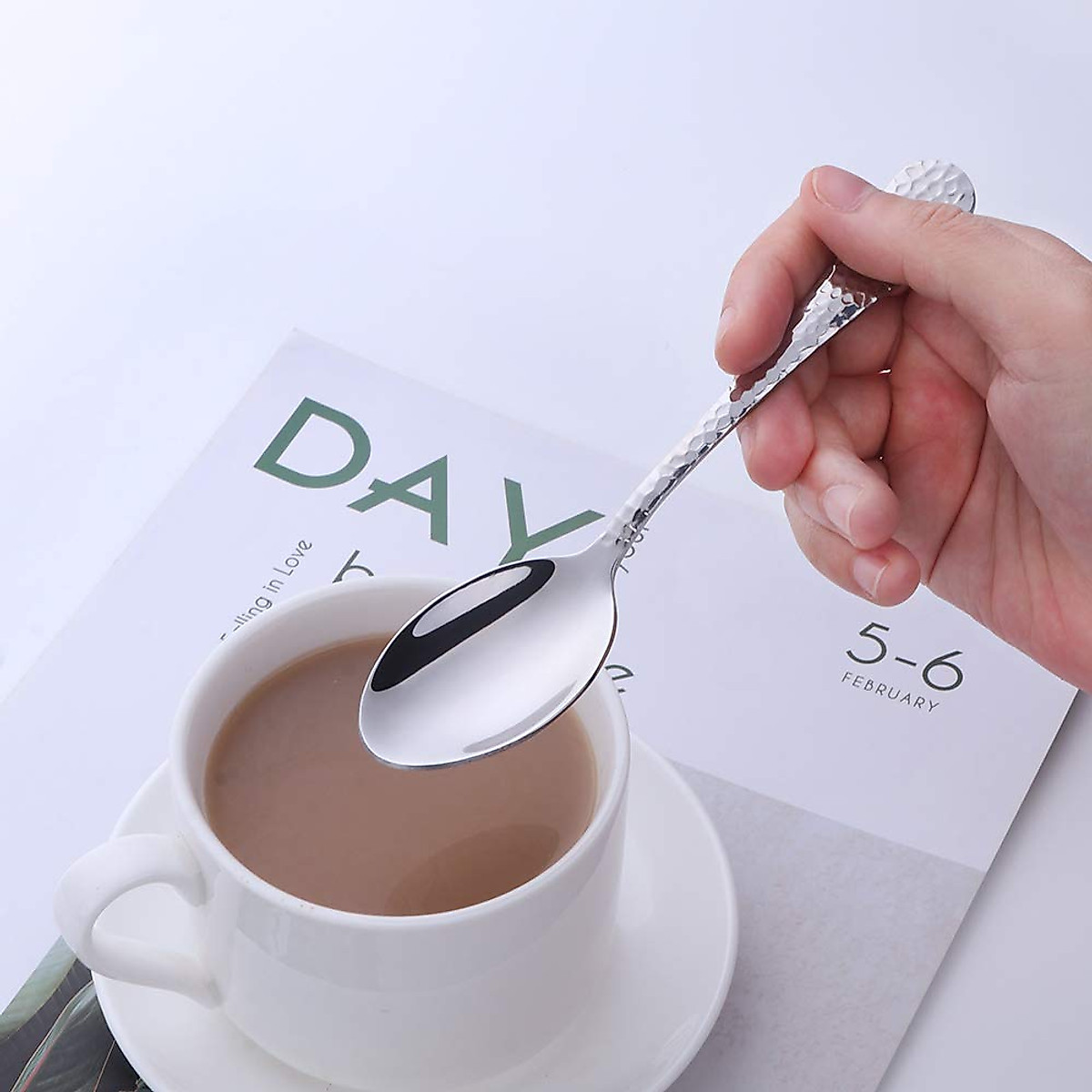 Dessert Spoon Salad Spoon 6.5-Inch Big Teaspoon BUY&USE 12 Pieces Stainless Steel Hammered Surface Silverware Set for Home Hotel Restaurant