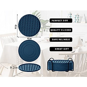 Coasters for Drinks 6 Pack Drink Coasters with Holder,Heat Resistant Silicone Coasters Tabletop Protection,Non-Slip Rubber Coasters for Kinds of Cups (Blue)