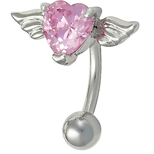 Forbidden Body Jewelry Surgical Steel Reverse Mount Pink Jeweled Heart Angel Wings Belly Button Ring