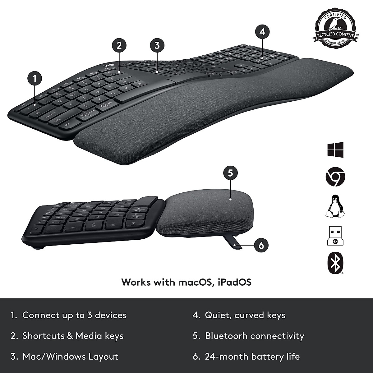 Logitech ERGO K860 Split Wireless Keyboard with wrist support and Lift Left Vertical Ergonomic Mouse, Left-handed, Bluetooth, USB receiver, Quiet, Windows/macOS/iPadOS, Laptop, PC - Graphite