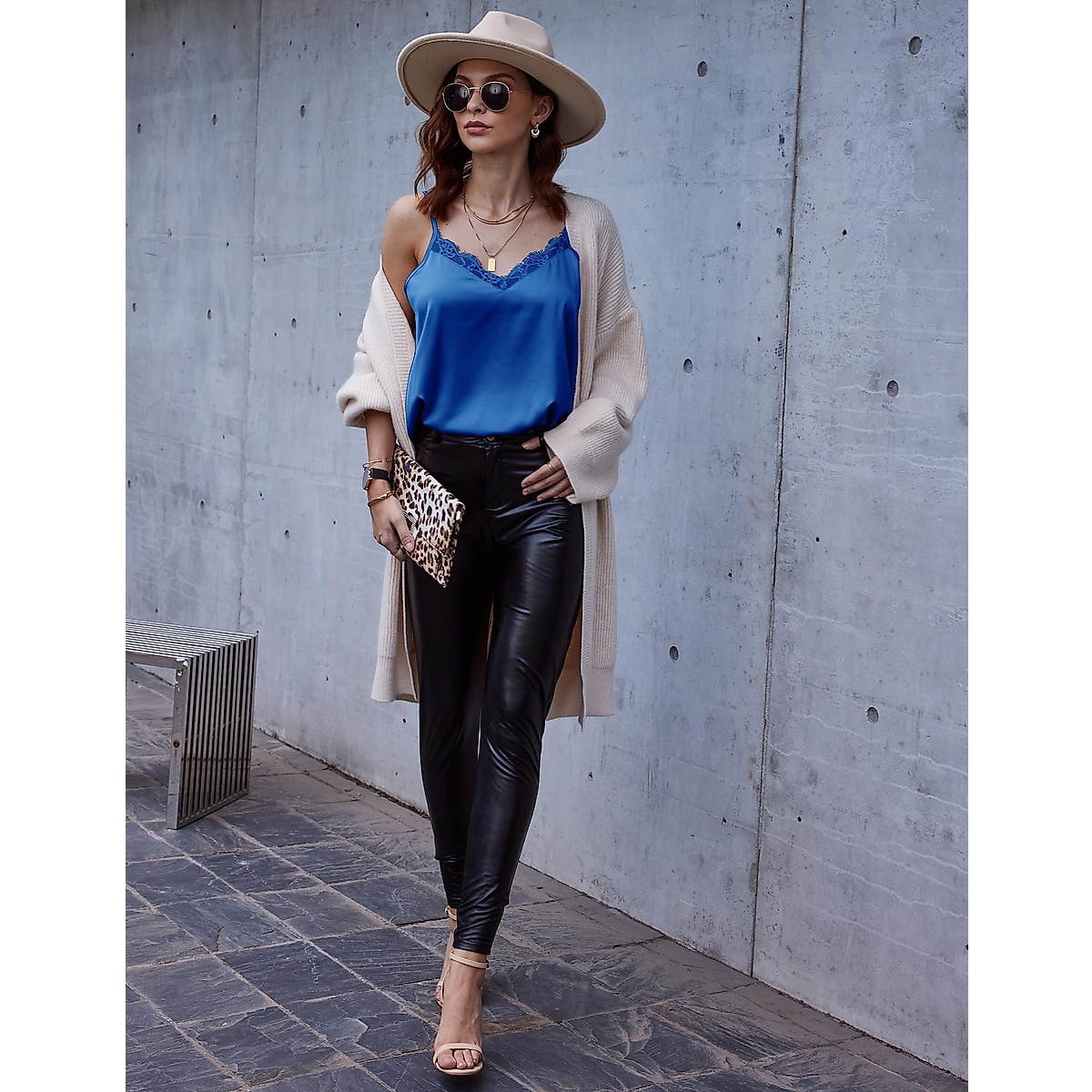 Ekouaer Women's 2 PCS Silk Satin Tank Top Lace Cami Spaghetti Strap Top V Neck Camisoles Black & Royal Blue S