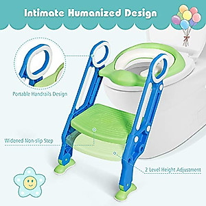 BABY JOY Kids Portable Potty Training Toilet Seat w/Step Stool Ladder, Foldable Adjustable Toddler Toilet Training Seat Chair with Non-Slip Pads and Soft Cushion Seat, for Boys Girls Toddlers (Blue)