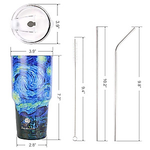 Dee duoduo 30 oz Tumbler Double Wall Stainless Steel Vacuum Insulated Coffee Cup with Splash-Proof Lid, 2 Metal Straws and Brush, Travel Mug for Home Office School (Starry Night-Gogh)