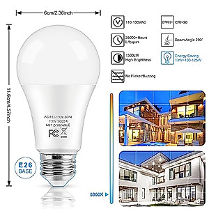 LED Light Bulbs, 100 Watt Equivalent A19 LED Bulbs, 13W 5000K Daylight White 1500 Lumens Non-Dimmable Bright E26 Edison Medium Screw Bulbs for Home Bedroom Kitchen Living Room Office Lamp, 4-Pack