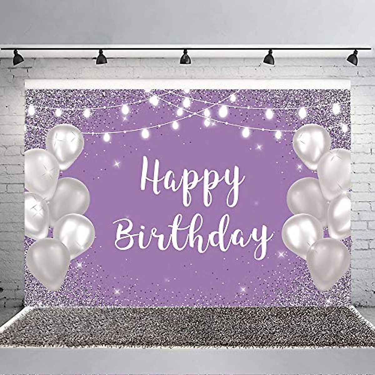 5×3ft Violet Purple Silver Happy Birthday Backdrop Girls Silver Balloon White Lights Girls 16th 20th 30th Birthday Party Banner Decorations Background Portrait Studio Props