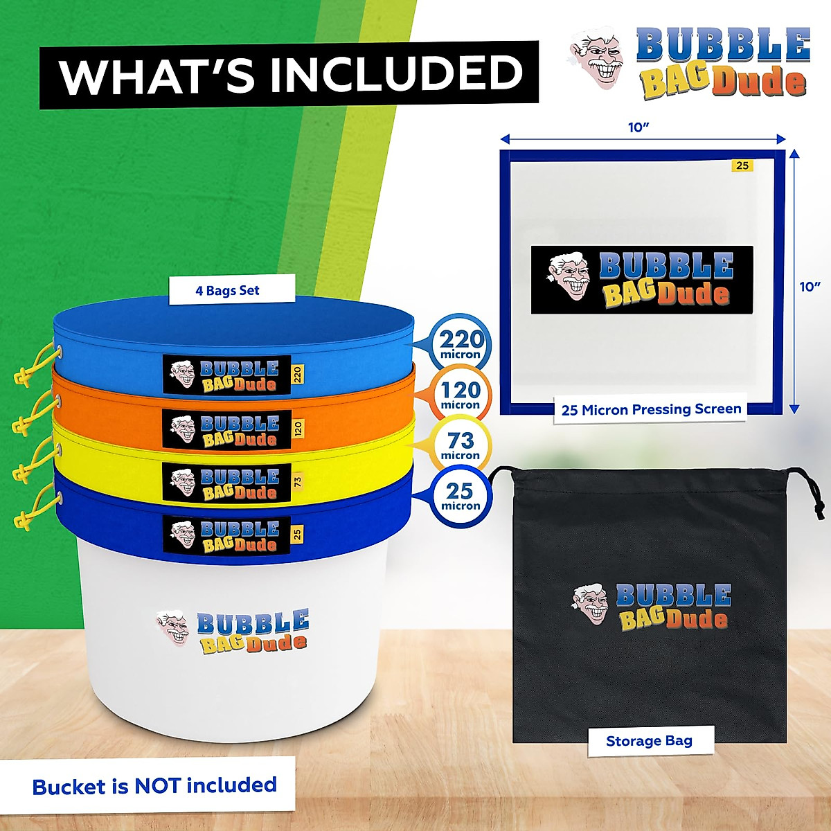 BUBBLEBAGDUDE Bubble Bags 5 Gallon 4 Bags Set - Herbal Ice Bubble Bag Essence Extractor Kit - Plant & Herb Extraction Bubble Bags with 10 x 10” Pressing Screen & Storage Bag (220 to 25-Micron Bags)