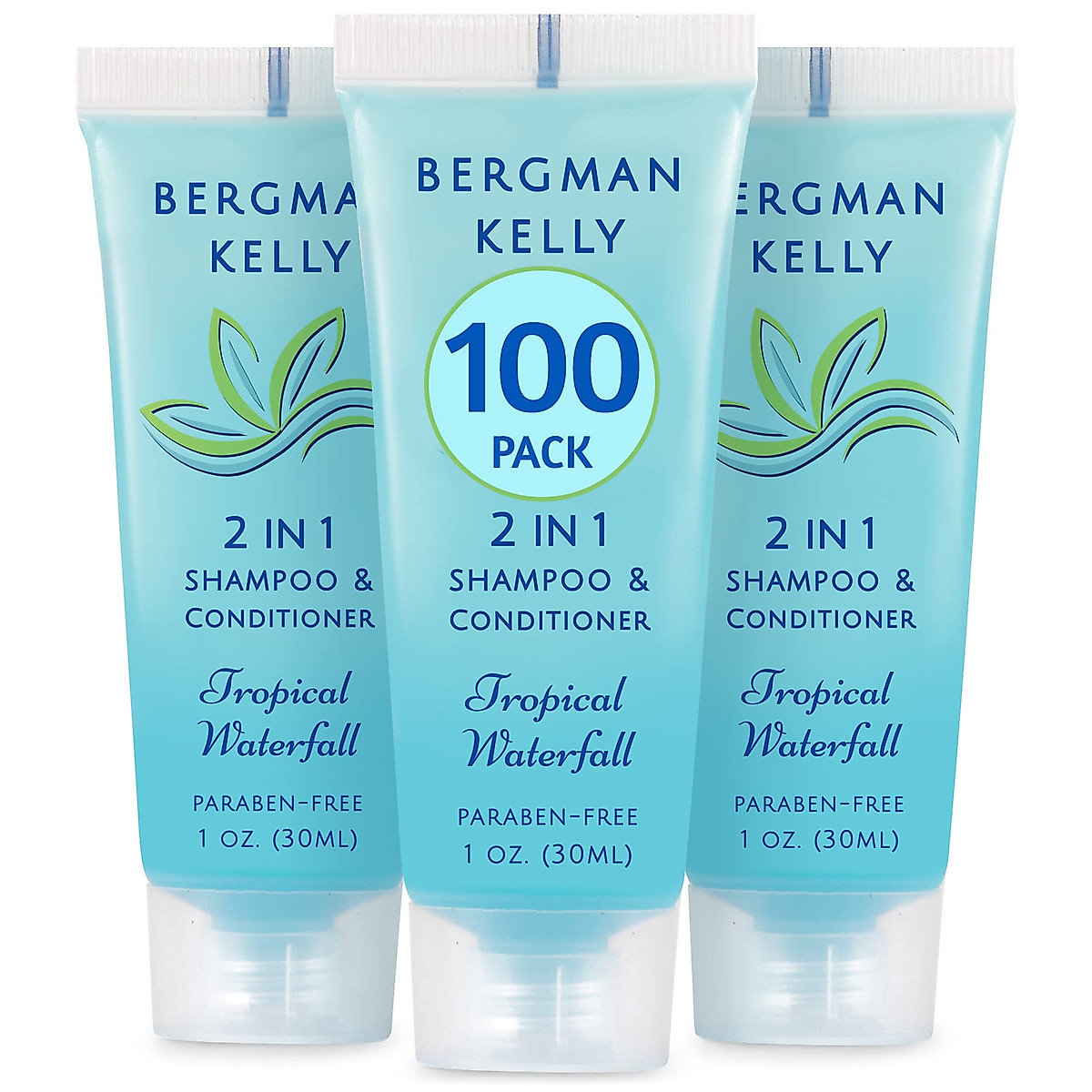 Bergman Kelly - Travel Size 2 in 1 Shampoo & Conditioner - 1 fl oz, 100 PK, Tropical Waterfall - Delight Your Guests w/Invigorating & Refreshing Shampoo Amenities - Small Hotel Toiletries in Bulk