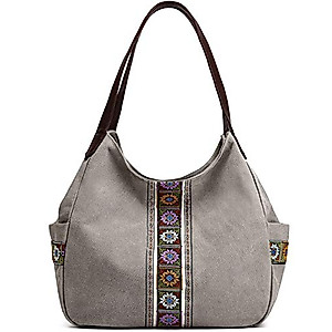 Worldlyda Women Canvas Hobo Purse Multi Pocket Tote Shopper Shoulder Bag Casual Top Handle handbag with Embroidery Ethnic Light Grey