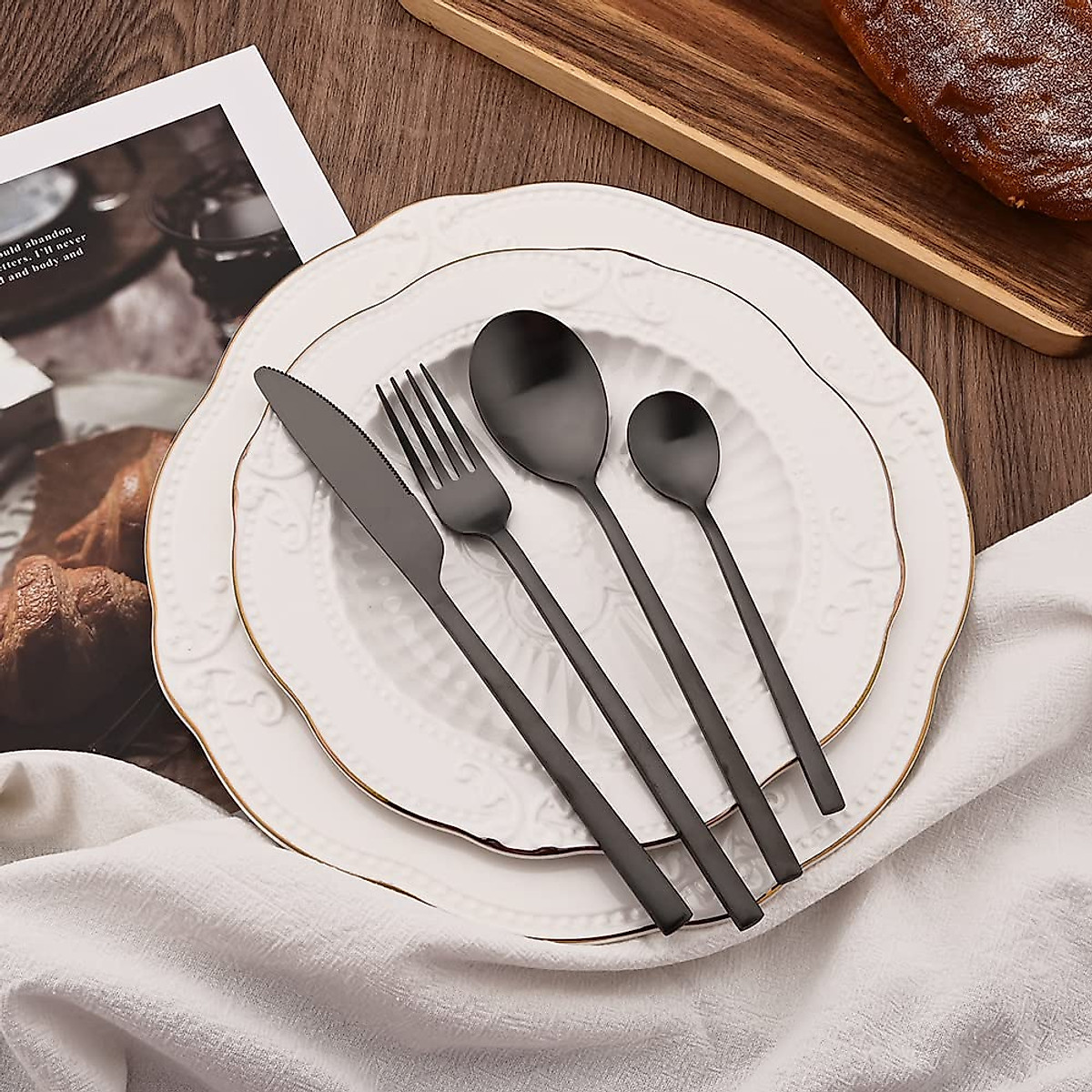 Uniturcky 16 Pcs Modern Silverware Flatware Sets, Stainless Steel Cutlery Set for 4, Forks Spoons and Knives Set for Home kitchen Restaurant, Square Handle Utensils, Matte Black