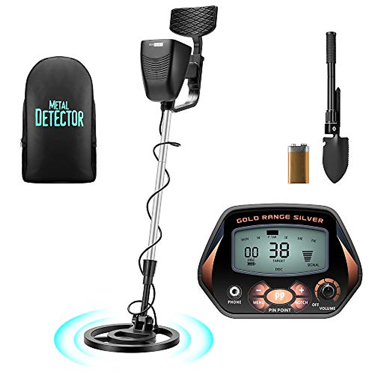 VIVOHOME High Accuracy Metal Detector with Shovel HD LCD Screen for Adults Kids 9 Inch Waterproof Search Coil, Adjustable Length 42.5-52.5 Inch, DISC Notch Pinpoint All Metal Modes, Batteries Included