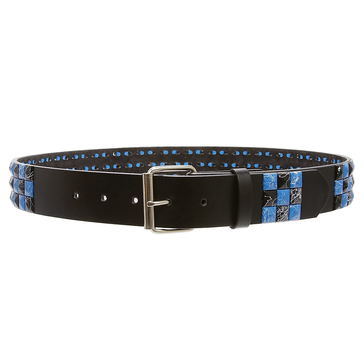 Snap On 1 1/2" Blue & Black Checkerboard Punk Rock Studded Belt, m 33"-35"