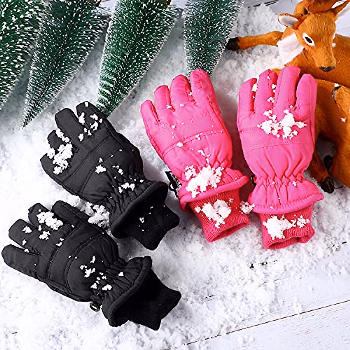 2 Pairs Kids Winter Ski Gloves Waterproof Warm Snow Mittens Full Finger Gloves for Toddlers Infants (Black, Rose Red, 5-10 Years)