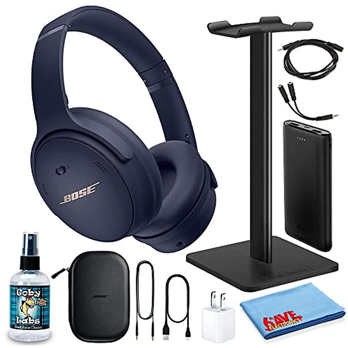 Bose QuietComfort 45 Wireless Noise-Canceling Headphones (Midnight Blue) Bundle with PowerBank + Headphone Stand + USB Adapter + 3.5mm Extender & Splitter + Headphone Cleaning Kit (Renewed)