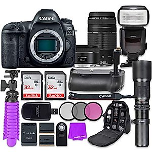 Canon EOS 5D Mark IV Digital SLR Camera with Canon EF 50mm f/1.8 STM Lens + Canon EF 75-300mm f/4-5.6 III Lens + Accessory Bundle (Renewed)