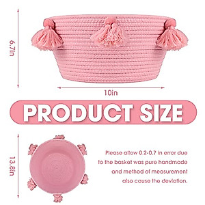 Sarmyarc Cotton Rope Basket Boho Woven Basket Cute Round Closet Storage Bins Organizer with Macrame Tassel for Baby Toys Diaper Dog’s Toys Storage Organizer Nursery Decor (pink)